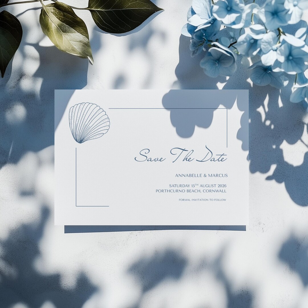 Coastal Seashell Wedding Save the Date Editable Template: Elegant ...