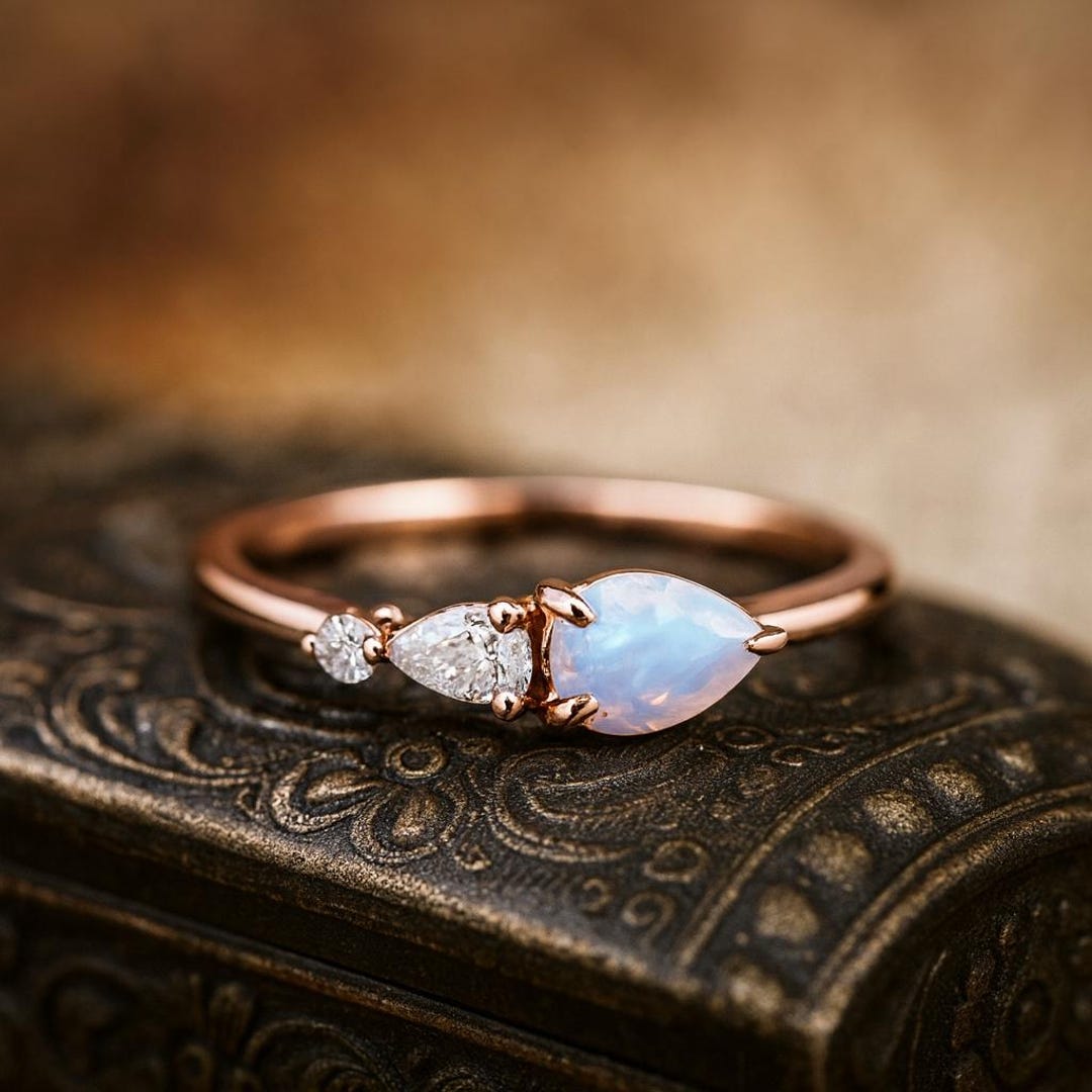 Vintage Pear Moonstone Engagement Ring: Art Deco Moissanite Sterling ...