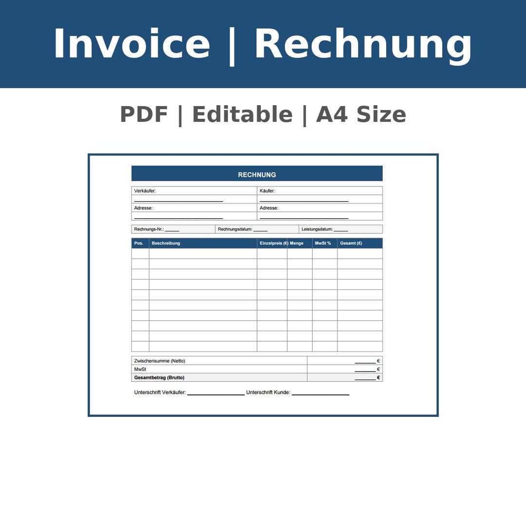 Invoice Template PDF | Rechnung Vorlage | Editable A4 Form | Printable ...