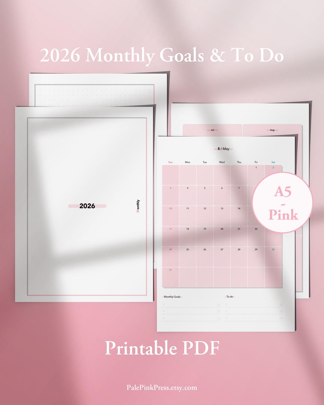 2026 Monthly Planner Printable: Light Pink A5, Goals & To-do List (PDF ...