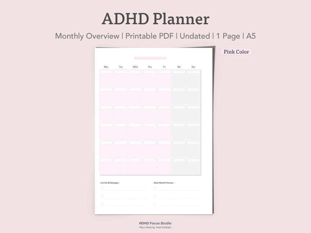 Monthly Calendar View Undated Printable, ADHD Planner Insert A5 ...