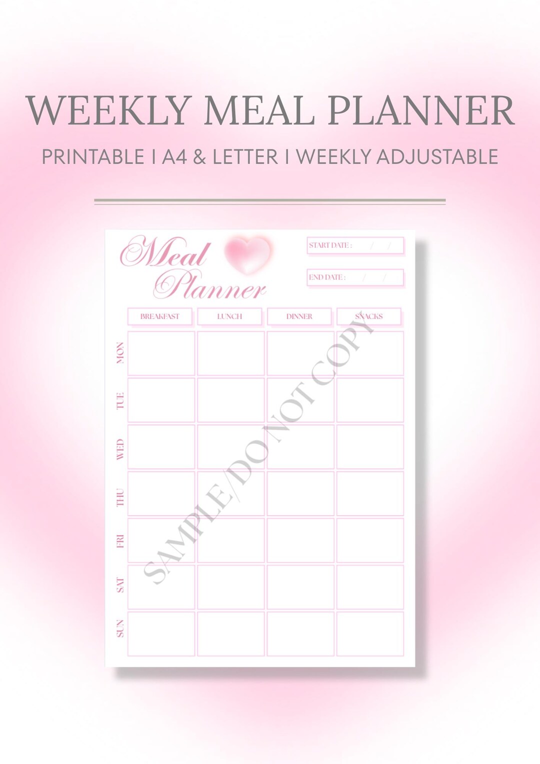 Soft Pink Weekly Meal Planner: Printable Food Organizer (digital ...