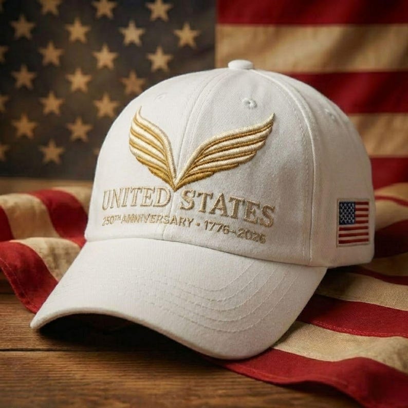 USA 250th Anniversary Hat, White Dad Hat, Gold Wings Embroidery, 1776 ...