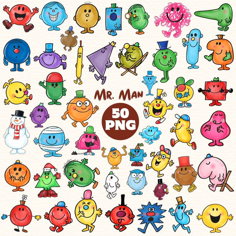 Mr. Men PNG, 50 PNG Bundle, Mr. Men Watercolor Clipart, Mr. Men ...