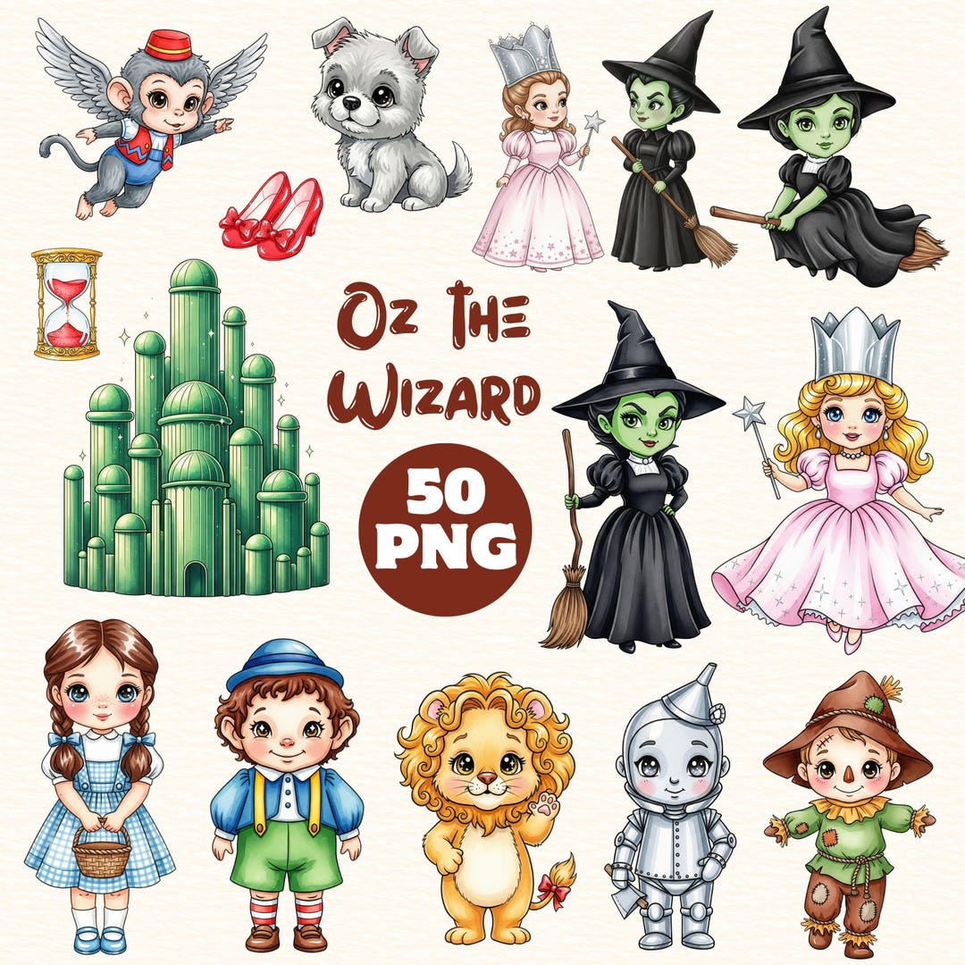 Wizard of Oz Watercolor Clipart 50 PNG, Elphaba Wicked Witch Glinda ...