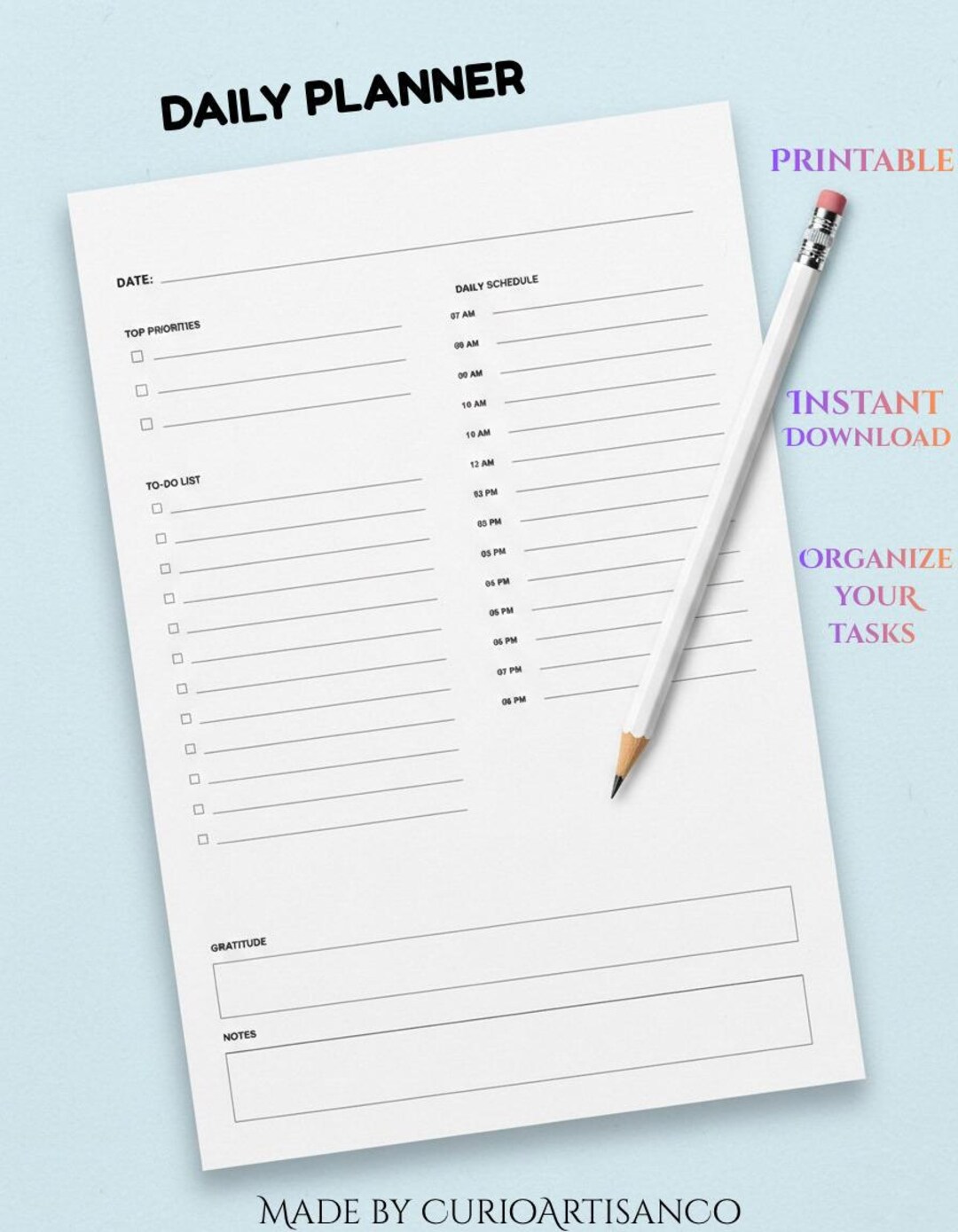 Minimalist Daily Planner Printable | Black & White PDF (instant ...