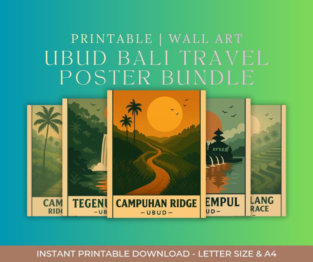 Ubud Bali Wall Art Set of 5 Vintage Travel Posters Printable A4 Digital ...