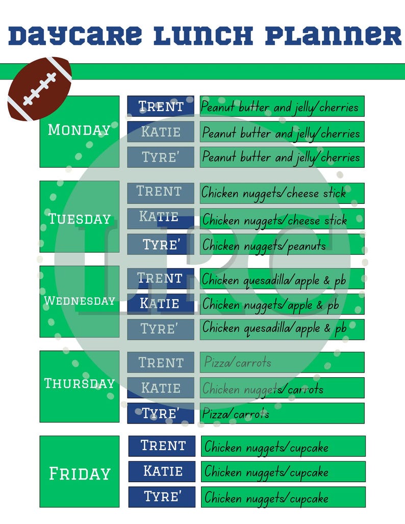 Daycare Lunch Planner Printable: Weekly Kids Lunch Tracker (PDF Digital ...