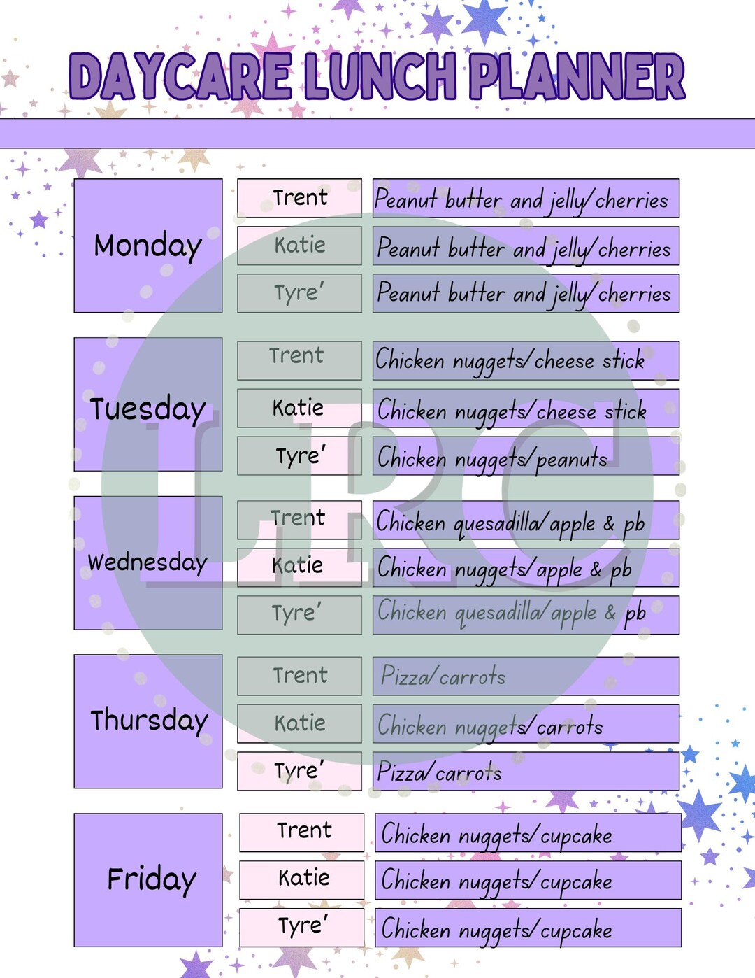 Daycare Lunch Planner Printable: Weekly Kids Lunch Tracker (PDF Digital ...