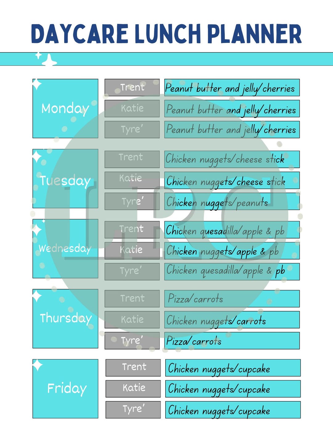 Daycare Lunch Planner Printable: Weekly Kids Lunch Tracker (PDF Digital ...