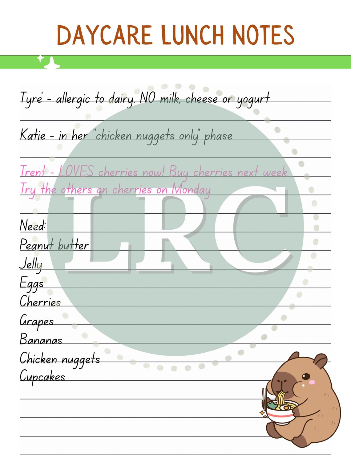 Daycare Lunch Planner Printable: Weekly Kids Lunch Tracker (PDF Digital ...