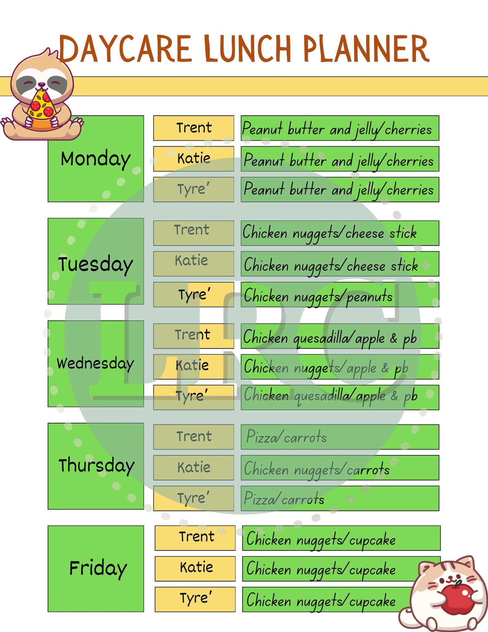 Daycare Lunch Planner Printable: Weekly Kids Lunch Tracker (PDF Digital ...