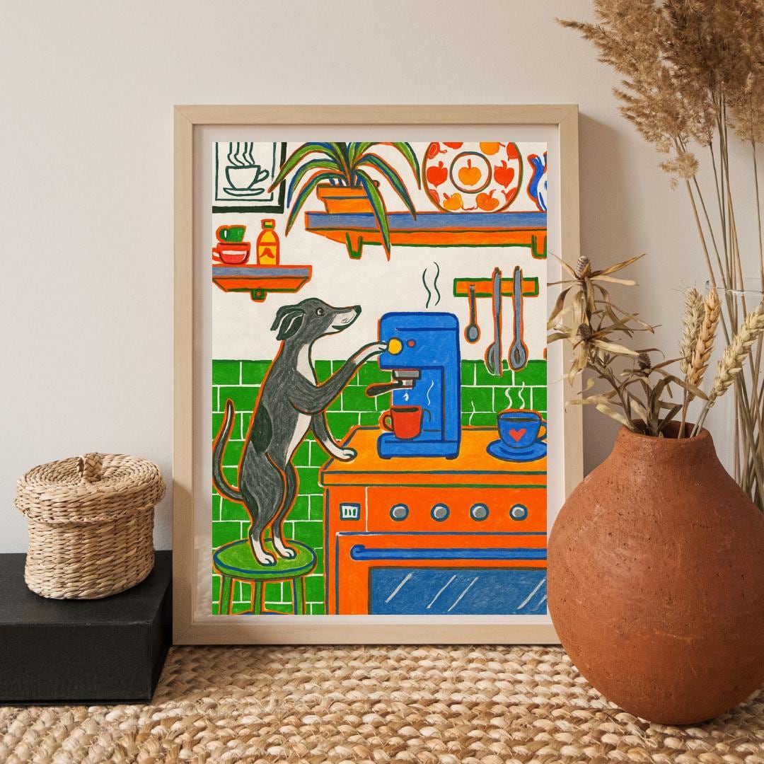 Greyhound Dog Making Coffee Wall Art – Retro Kitchen Illustration Print ...