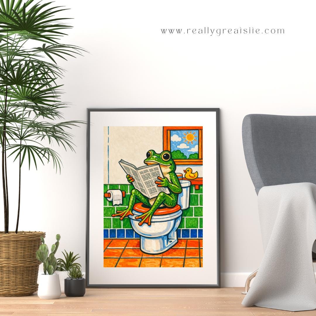 Funny Frog Reading Newspaper on Toilet Bathroom Wall Art Print - Etsy