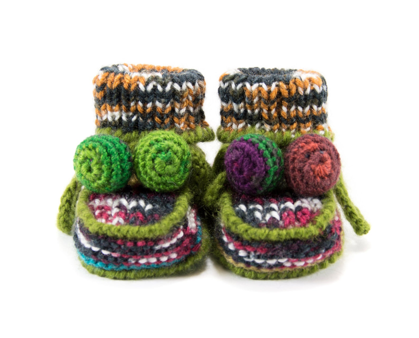 Knitted Baby Booties, Knit Baby Shoes Brown, Black, Green and Orange, 3 ...
