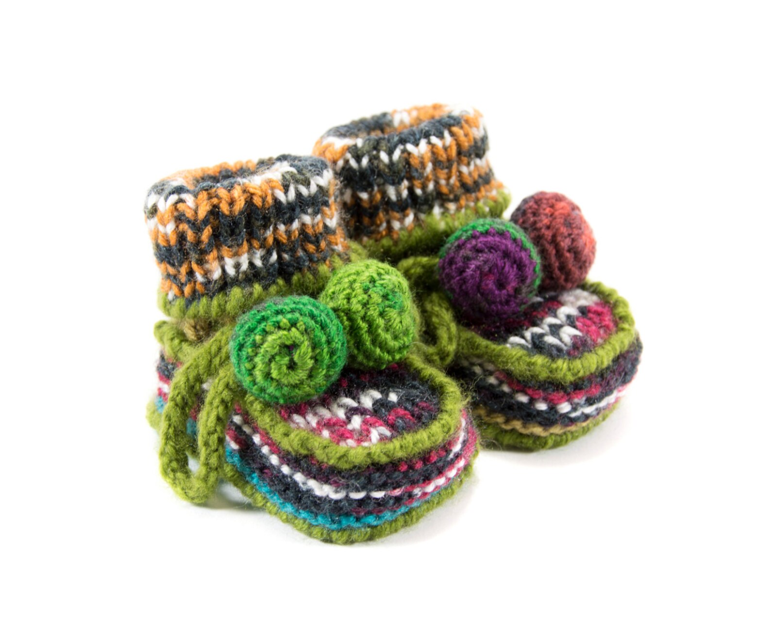 Knitted Baby Booties, Knit Baby Shoes Brown, Black, Green and Orange, 3 ...