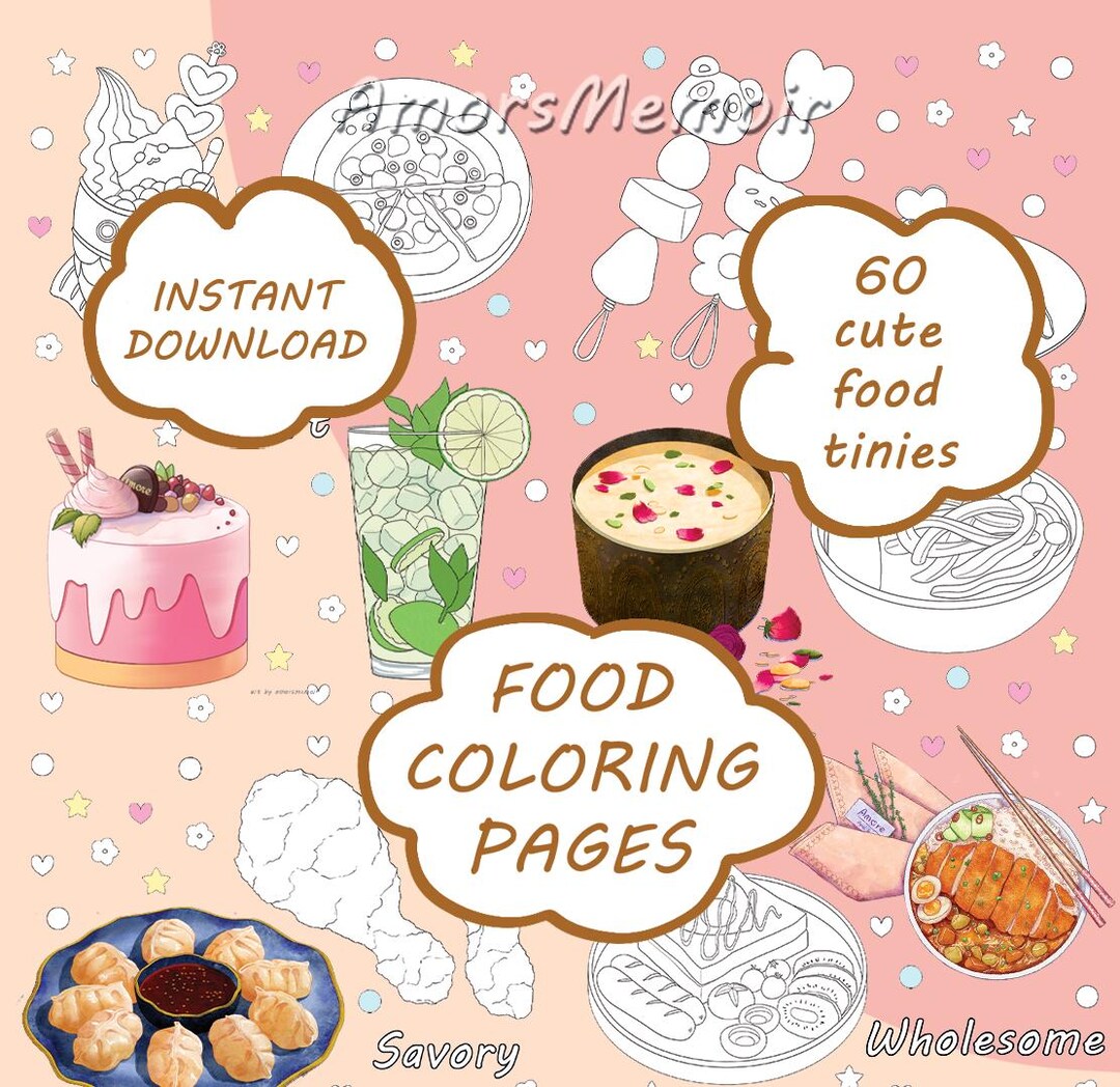 15 Yummy Food Coloring Pages: 60 Food Illustrations (PDF + PNG) - Etsy