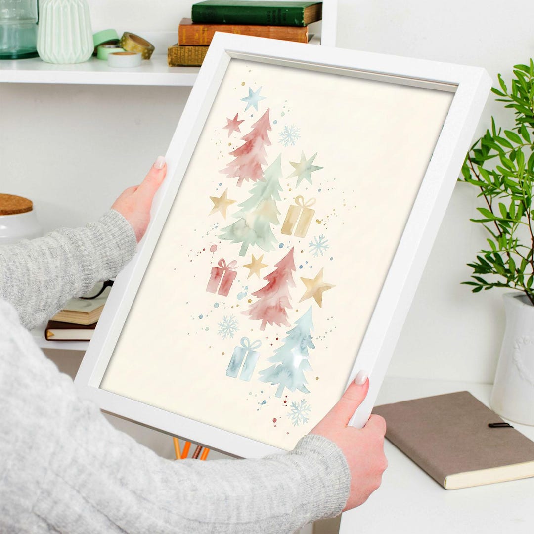 Watercolor Christmas Tree Cascade, Holiday Wall Art, Festive Winter ...