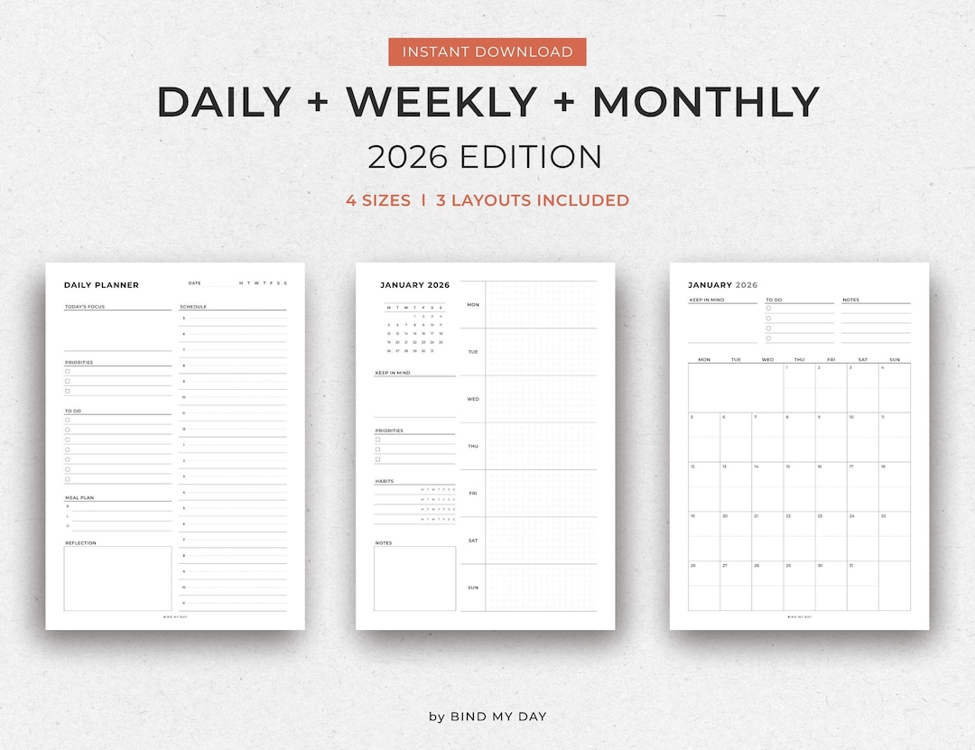 2026 Planner Bundle Printable | Minimalist Daily Weekly Monthly PDF ...