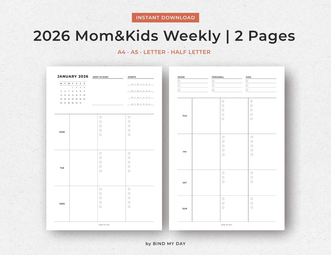 2026 Mom & Kids Weekly Planner Printable | Family Schedule Organizer ...