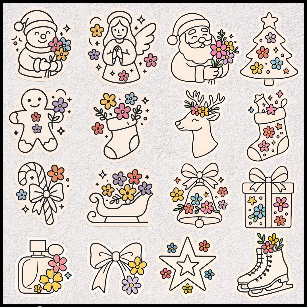Colorful Flower Line Art Stickers: Girly Floral Designs (PDF) - Etsy