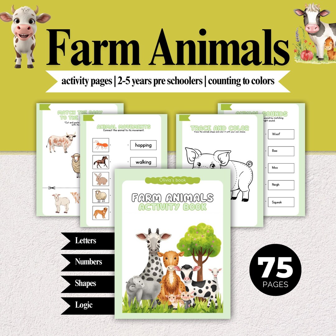 Farm Animal Activity Book for Preschoolers | 75 Worksheets | Alphabet ...