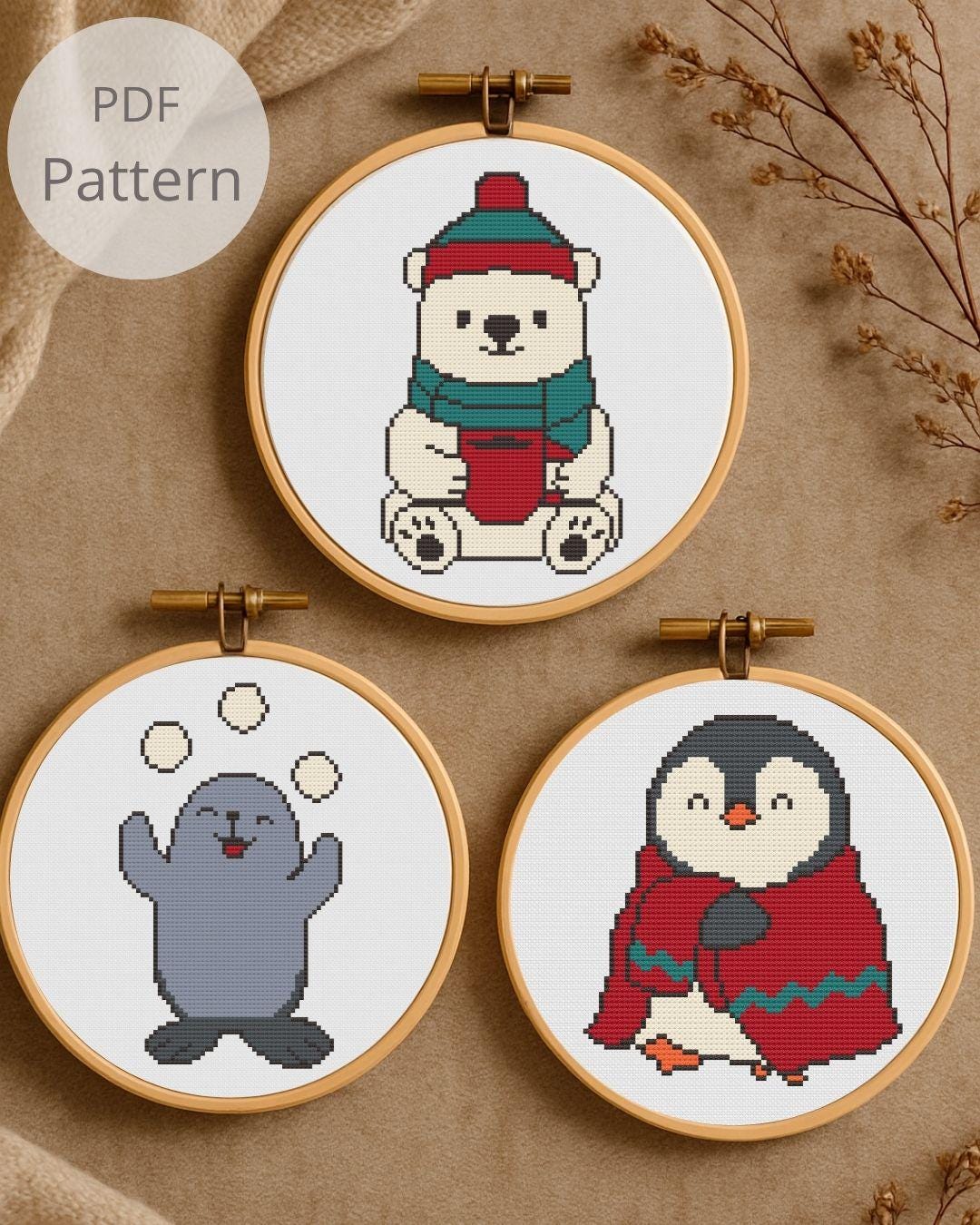 Mini Polar Bear, Seal & Penguin Cross Stitch Pattern Set - 3 Cute ...
