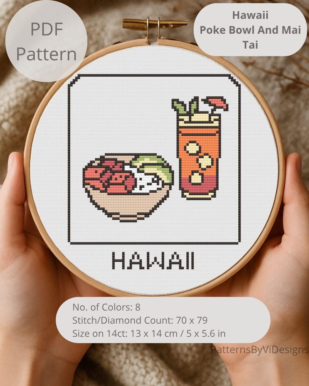 Hawaii Poke Bowl and Mai Tai Food Cross Stitch Pattern - USA Cuisine ...