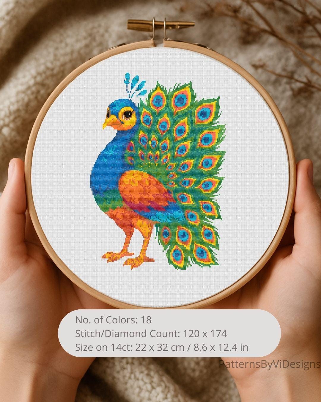 Colorful Peacock Cross Stitch Pattern PDF - Mini Embroidery, 18 Colors ...