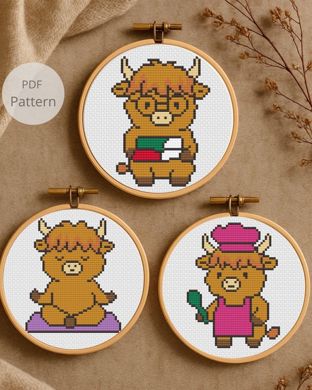 Mini Librarian, Yogi, Cook Highland Cow Cross Stitch Pattern Set - 3 ...