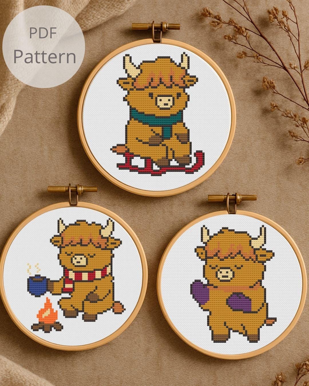 Winter Highland Cow Cross Stitch Pattern Bundle - 3 Small PDF Charts ...