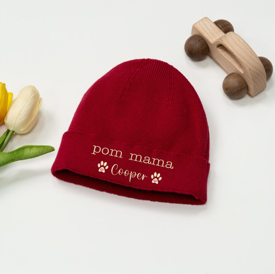 Custom Embroidered Pom Mama Beanie, Personalized Dog Name Hat, Frenchie ...