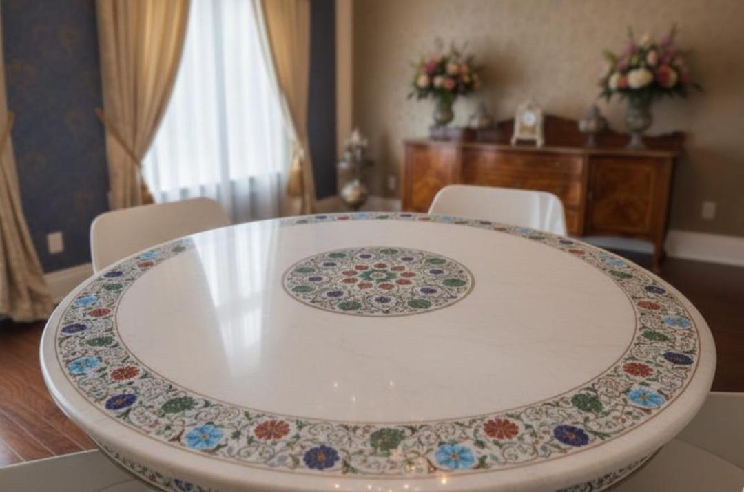 Round White Marble Dining Table Top, Pietra Dura Inlay Art, Semi ...