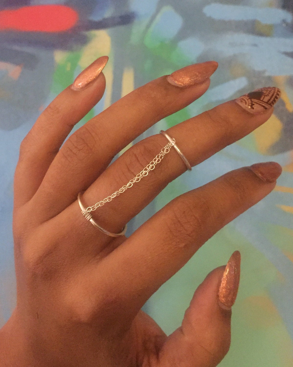 Sterling Silver Chained Double Ring Midi Knuckle Phalange | Etsy