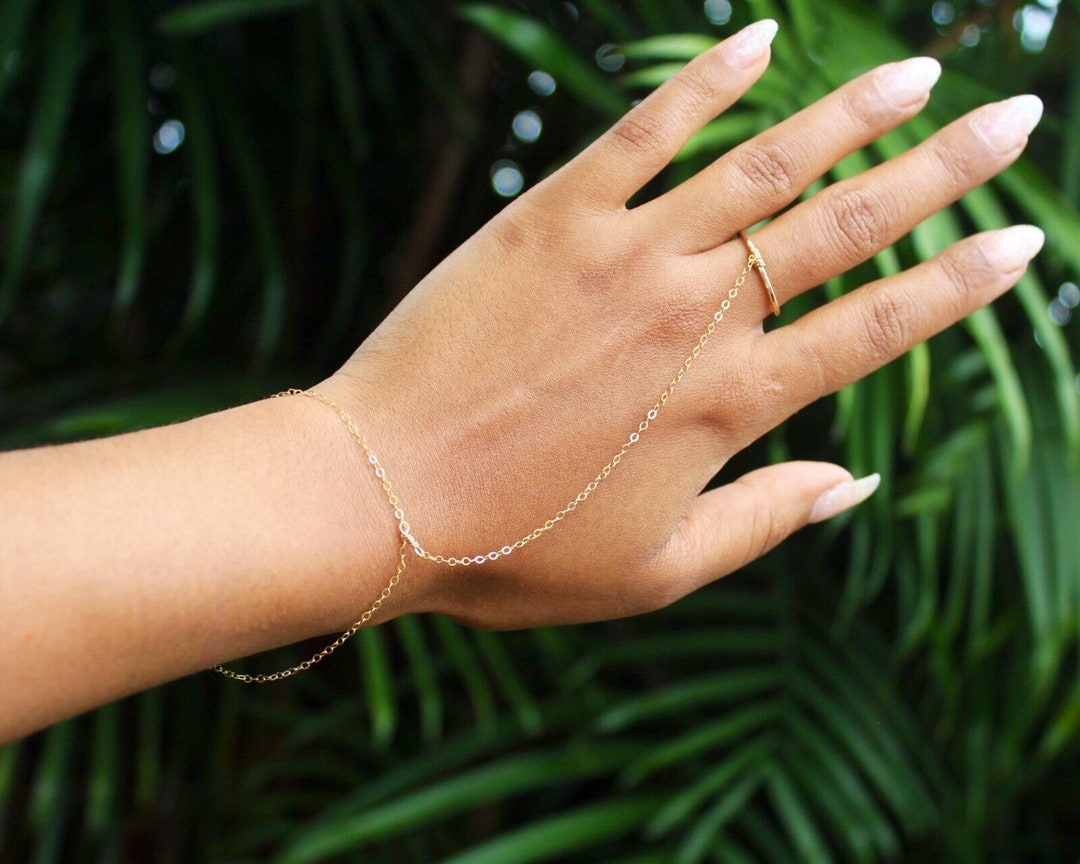 Gold Hand Chain & Ring Bracelet delicate Chain, Adjustable Ring - Etsy