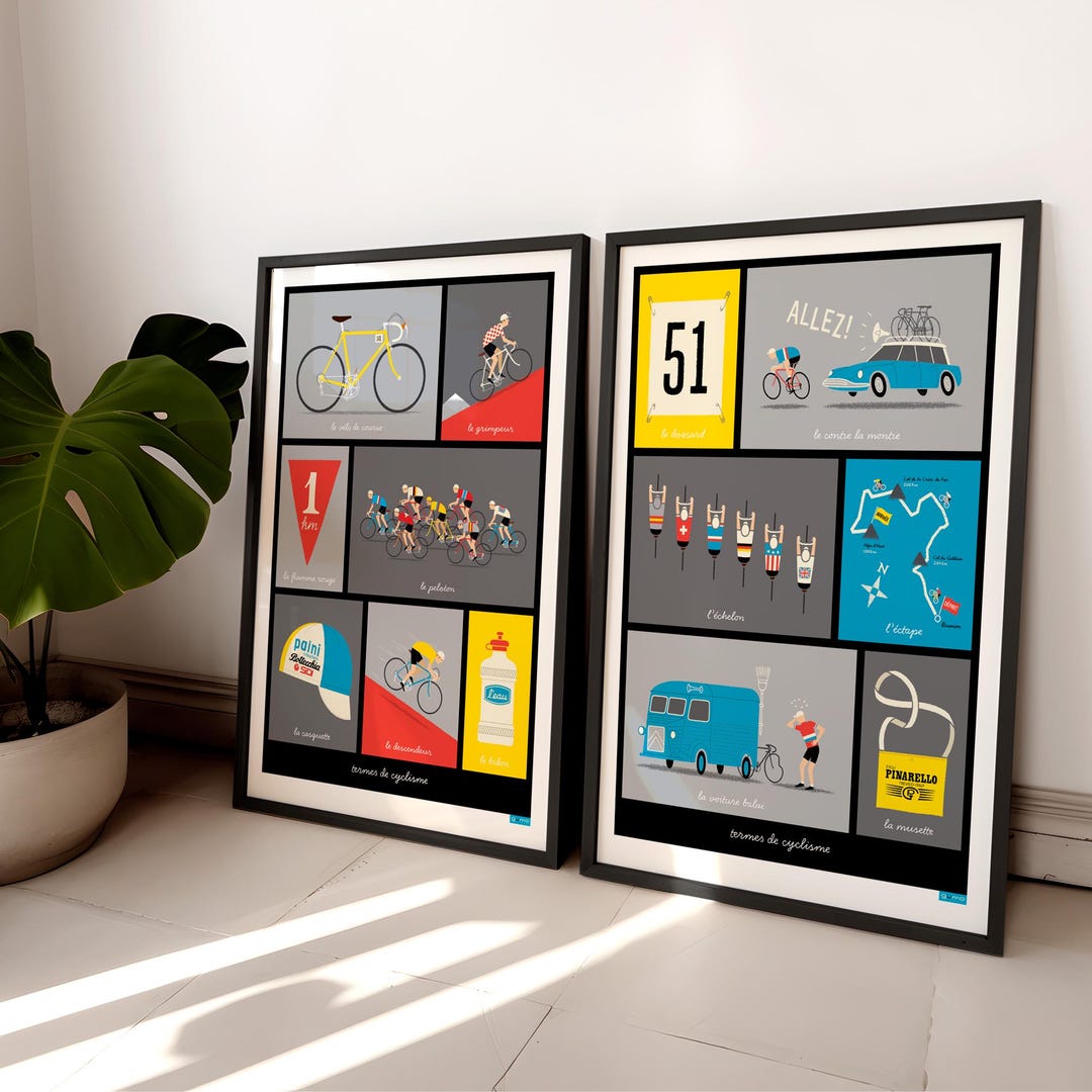 Set of 2 Illustrated French Cycling Terms Prints, Fun Bicycle ...