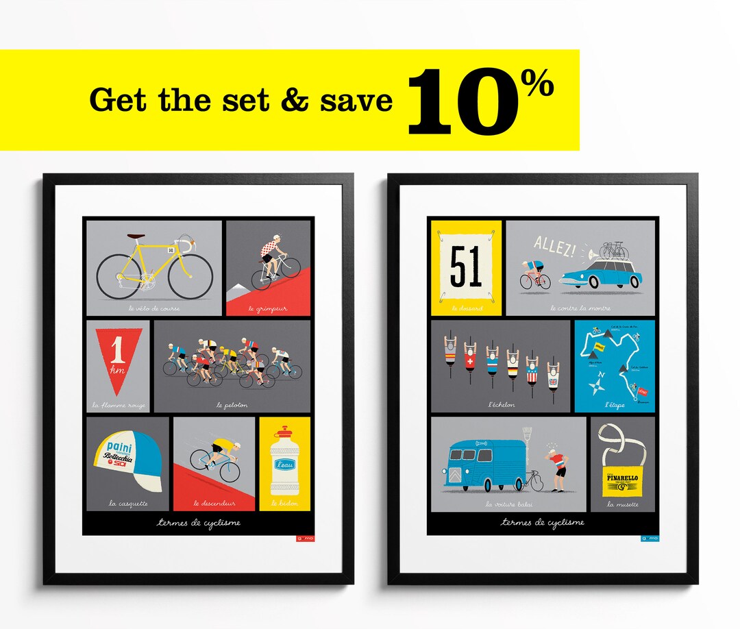 Set of 2 Illustrated French Cycling Terms Prints, Fun Bicycle ...