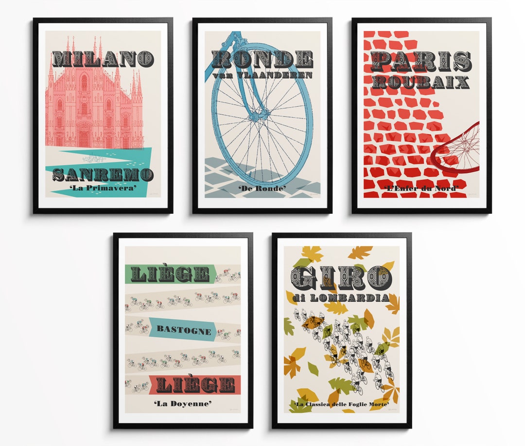 Monuments Cycling Prints, Set of 5 Cycling Posters, Milan-san Remo ...
