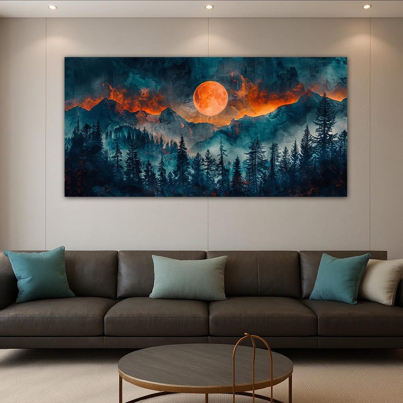 Red Moon Mystical Forest Canvas Art: Dark Mountain Landscape - Etsy