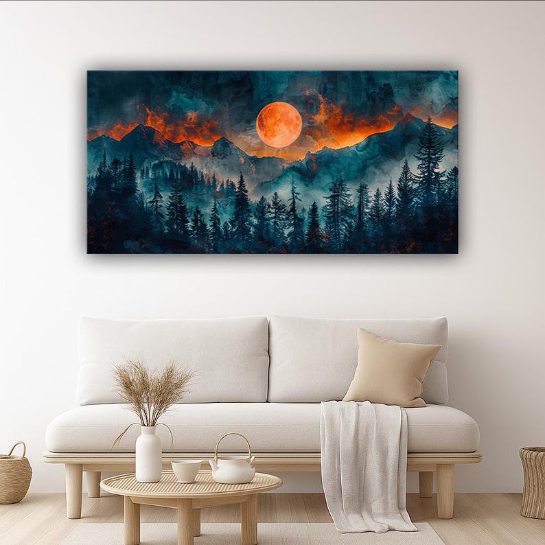 Red Moon Mystical Forest Canvas Art: Dark Mountain Landscape - Etsy