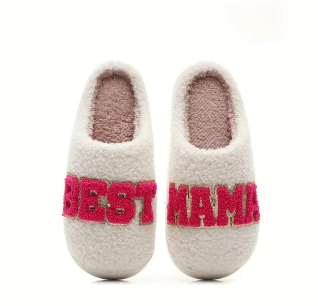 Fluffy Slippers for Mom: BEST MAMA Gift, Patch Letters, White, Pink - Etsy