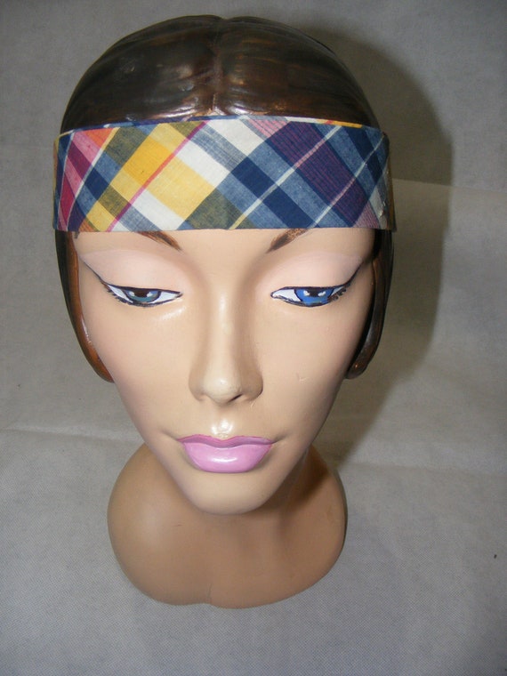1960s Headband Blue Plaid Classic Vintage Hair Access… - Gem
