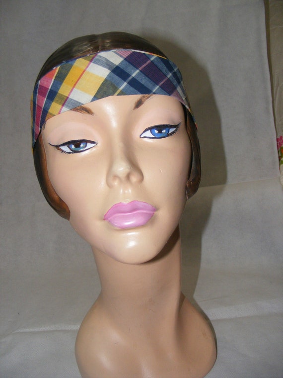 1960s Headband Blue Plaid Classic Vintage Hair Access… - Gem