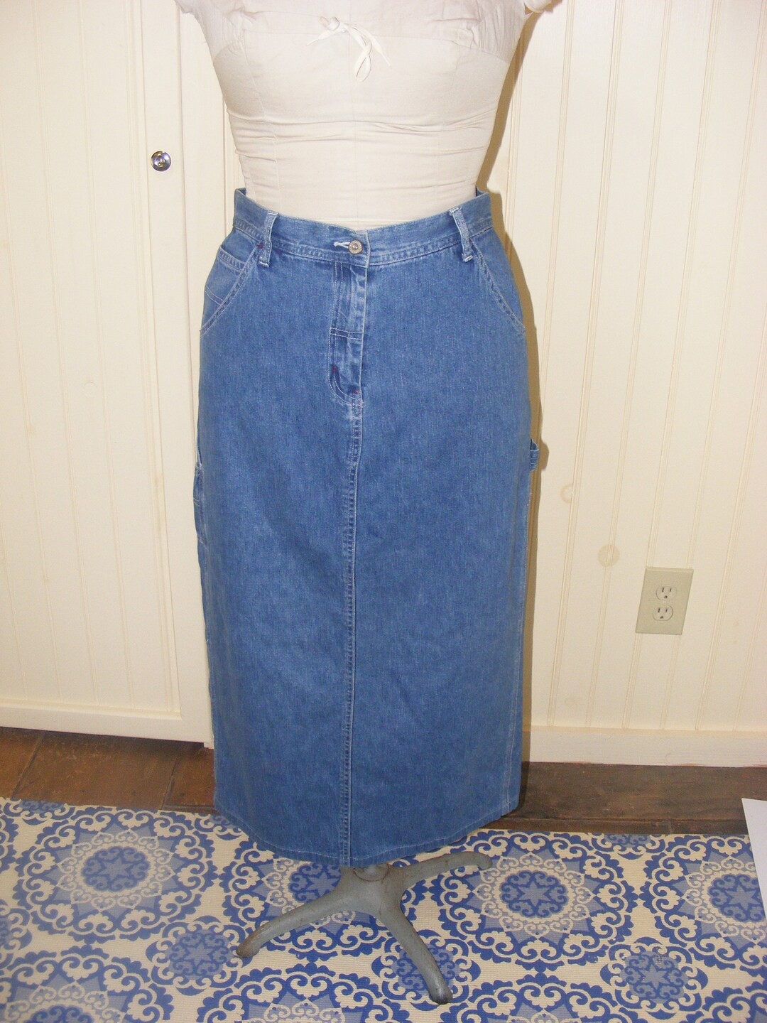 80s Denim Skirt Faded Glory Jeans Long Shin Length Carpenter Style 32 ...