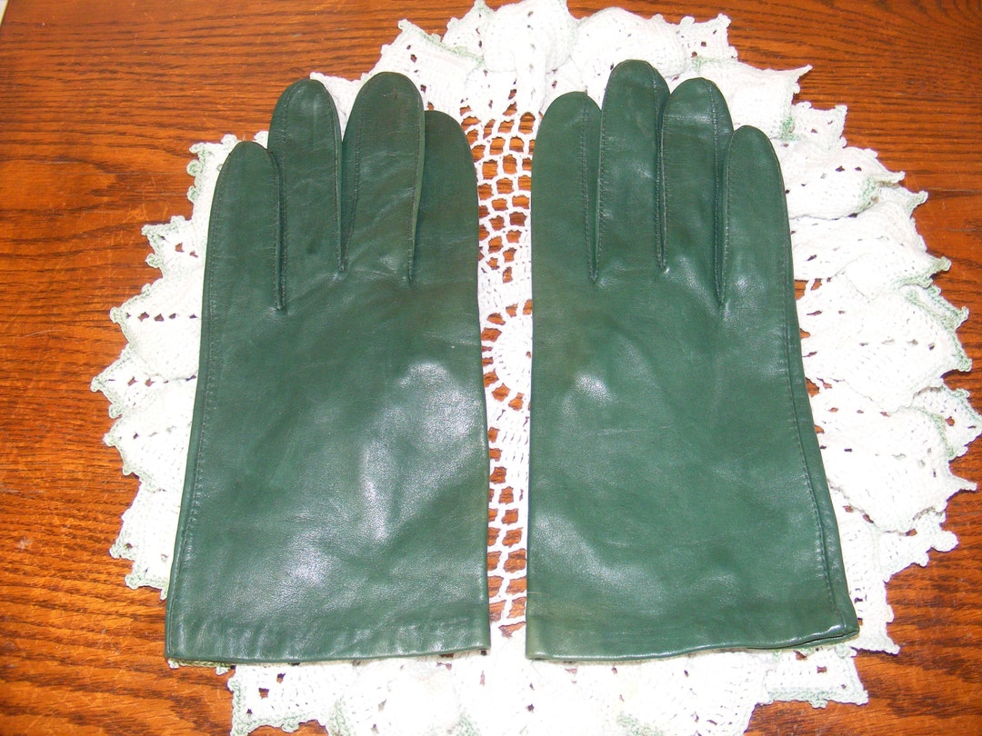 1980s Mens Green Leather Gloves Isotoner Sz 9 1/2 Lg 80s Mens Vintage ...