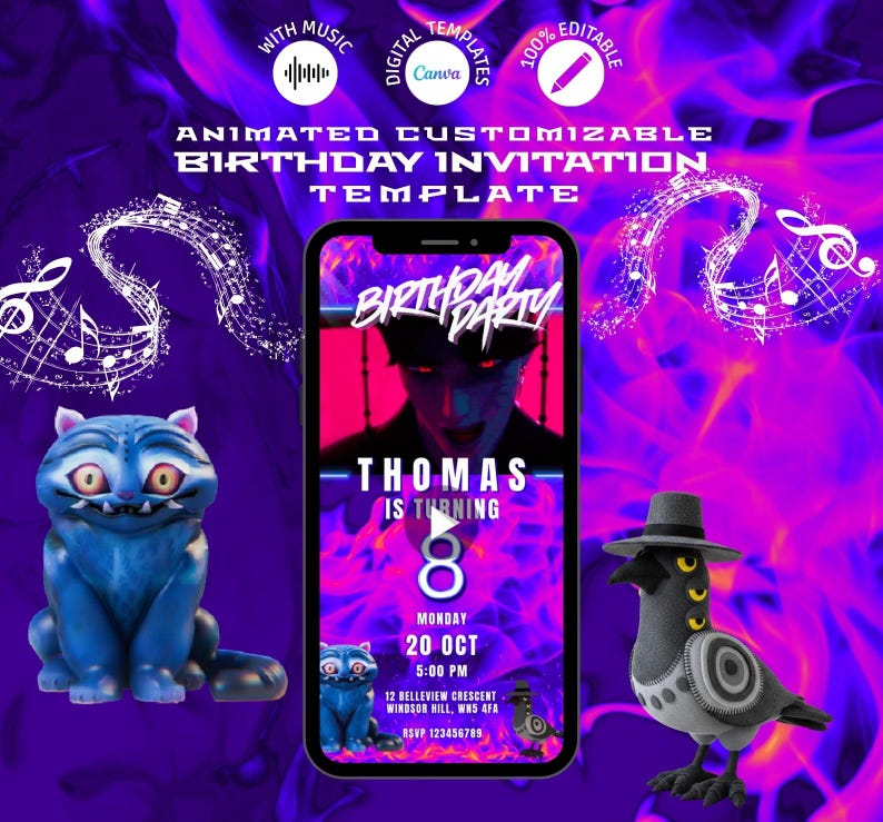 KPOP Demon Hunters, Huntrix, Saja Boys Birthday Invitation, Animated ...