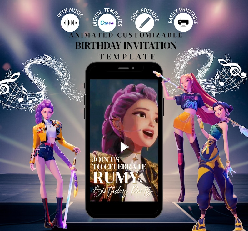 Birthday Invitation KPOP Demon Hunters, Rumy, Huntrix, Custom Kpdh ...