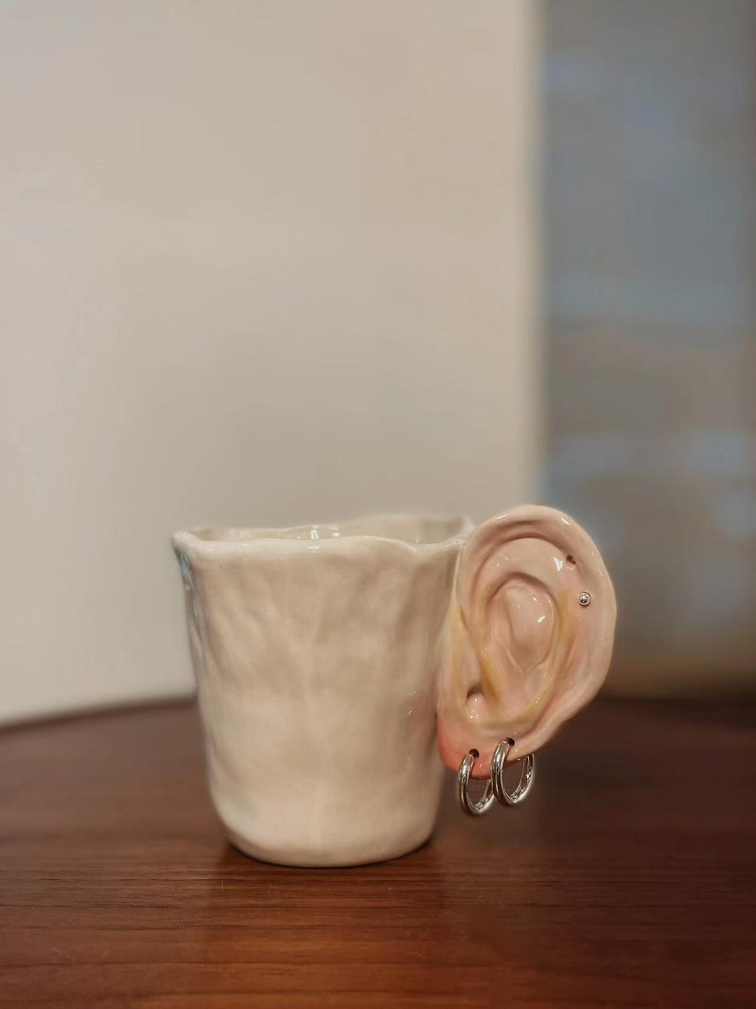 Handmade Ceramic Ear Mug With Piercing Rings, Funny Unique Pottery Cup ...