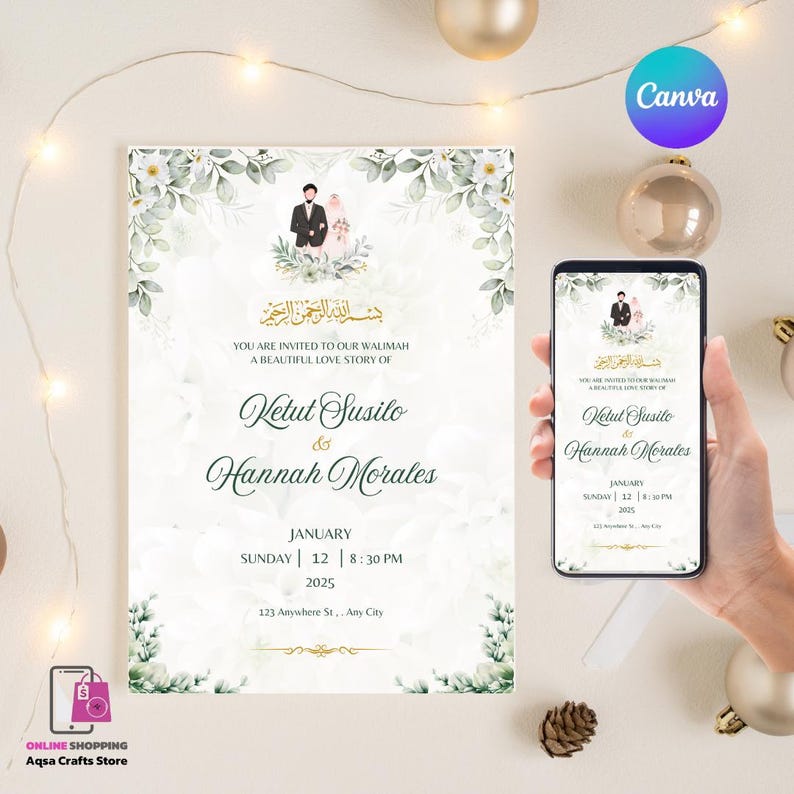 Floral Nikkah Wedding Invitation Template, Editable Card (downloadable ...