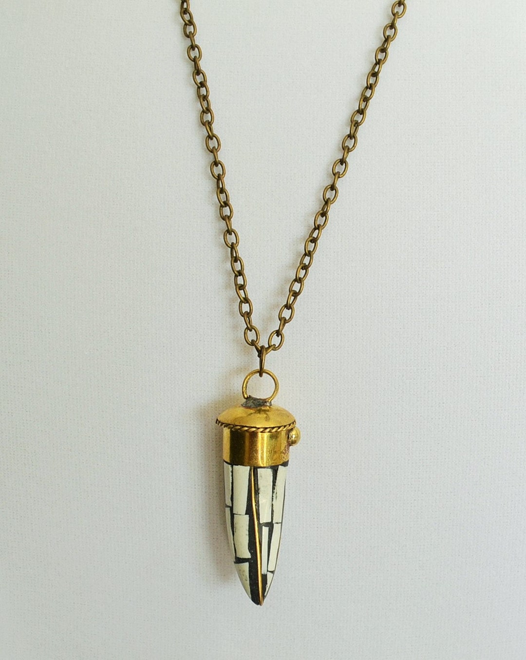 White Turquoise TIBETAN HORN Mosaic Inlay Pendant NECKLACE / Brass ...